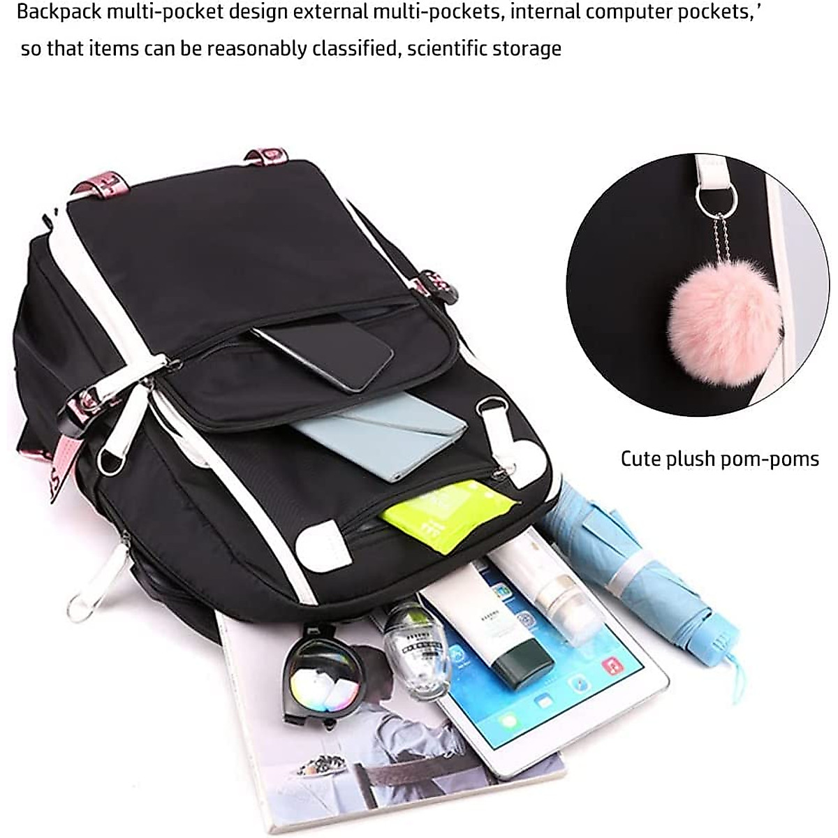 RUILIHIAO Teenage USB Port Backpack Black Pink Plush Ball Pendant School bag Outdoor Travel Daypack Bookbag (Pattern 1)