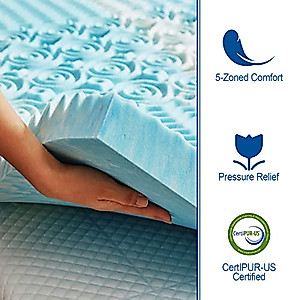 SINWEEK 4 Inch Mattress Topper 5-Zone Memory Foam Mattress Topper Pressure Relieve Soft Mattress Pad, CertiPUR-US Certified, Queen Size Blue