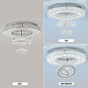 Zswanbei 21" Crystal Ceiling Lamp 3 Ring Large Modern LED Chandelier Acrylic Adjustable Pendant Light Fixtures for Dining Room Living Room Girls Bedroom (Cool White)