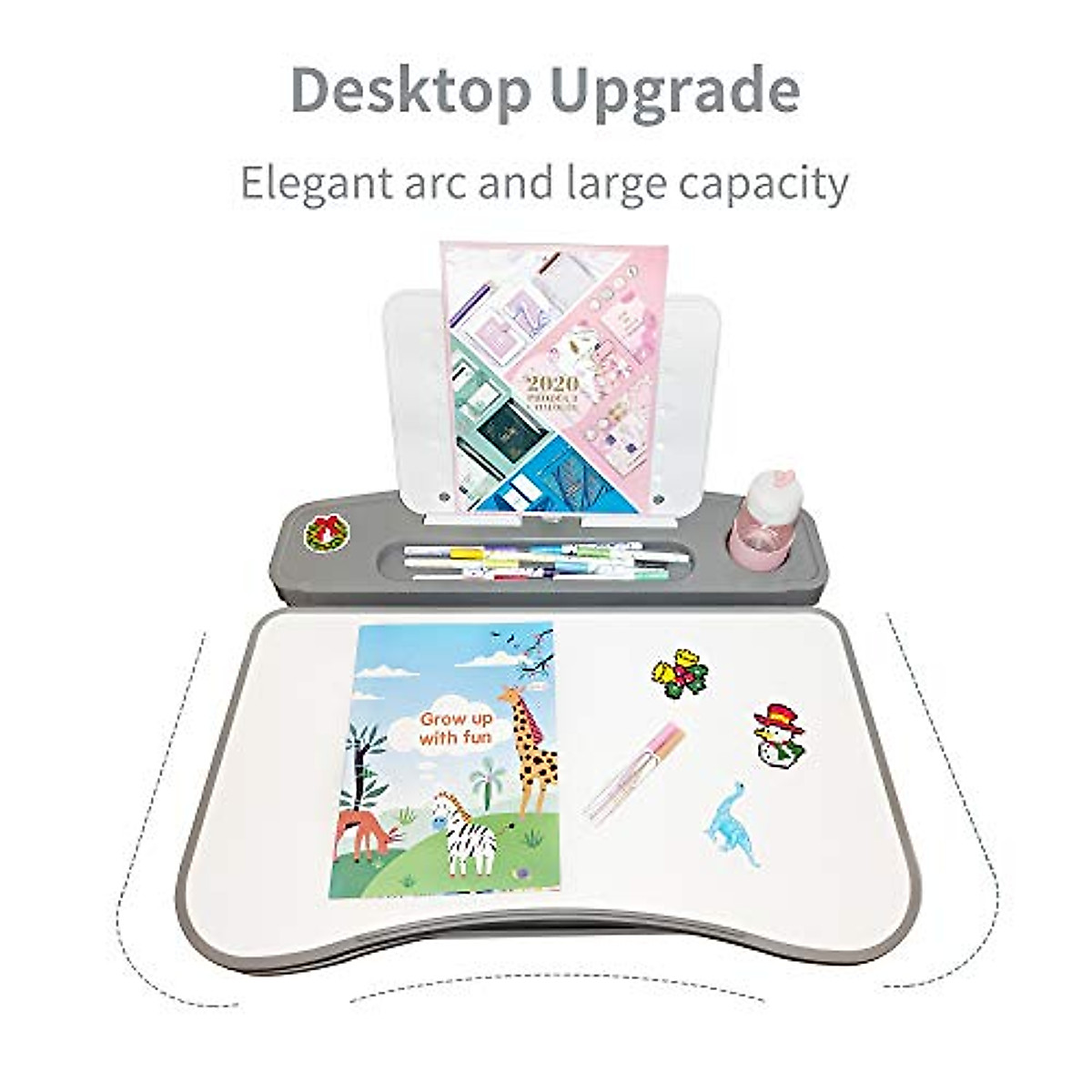 Gowxil Kids Study Desk and Chair Set, Multi Functional Height Adjustable Children School Study Desk with Tilt Desktop, Bookstand, LED Light, Metal Hook and Storage Drawer for Boys Girls, Grey