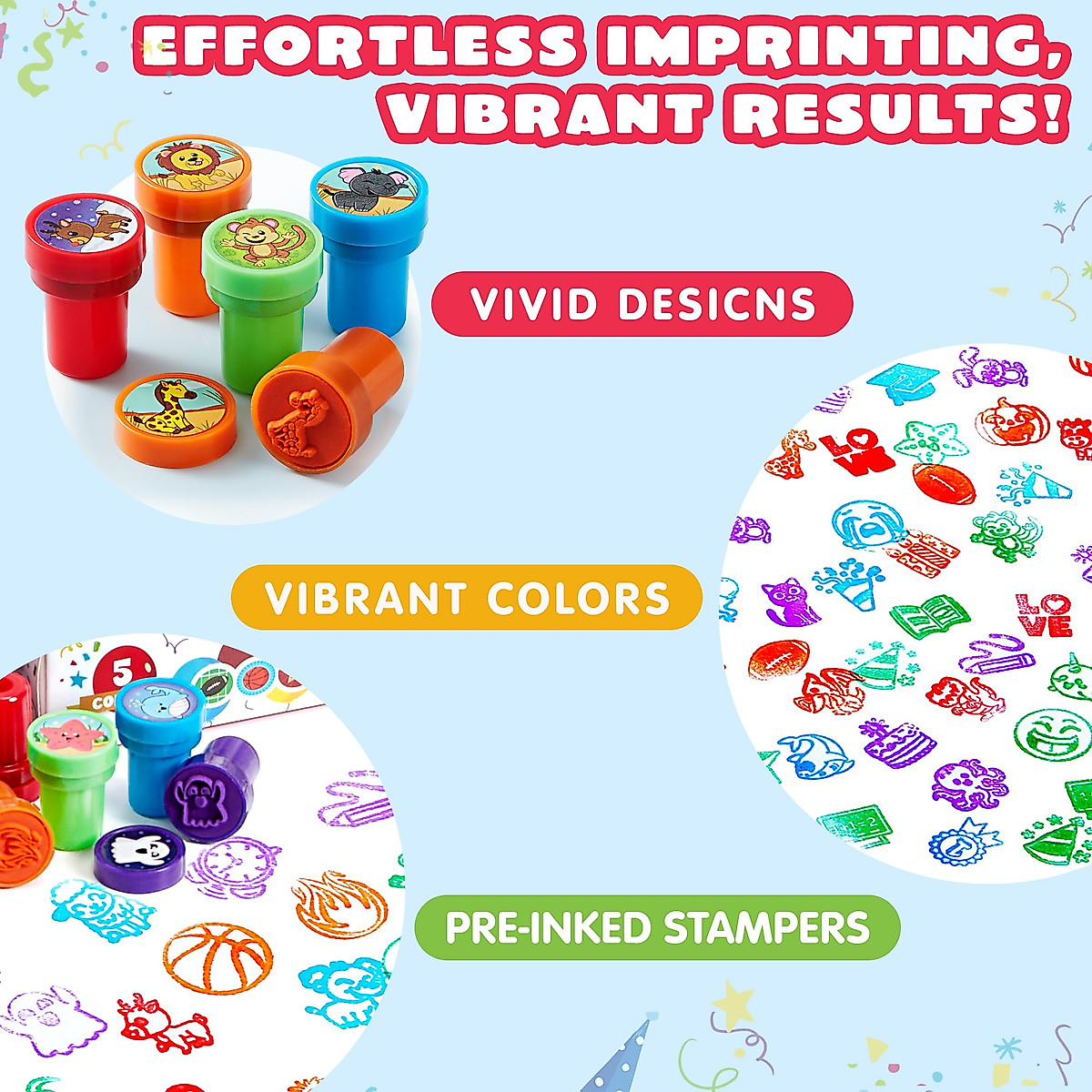 JOYIN 50 Pcs Assorted Stamps for Kids - Self-ink Stamps with 50 Designs for Birthday Party Favor, Carnival Prizes, School Stampers, Goodie Bag, Halloween, Christmas (Zoo, Holiday Stampers)