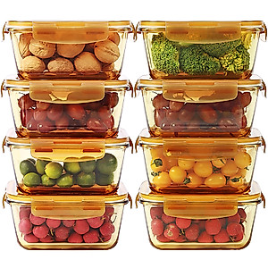 DAS TRUST 8 Pack Amber Glass Meal Prep Containers Microwave Safe Meal Prep Bowls Glass Food Prep Containers with Lid for Adult Meal Prep Bento Boxes