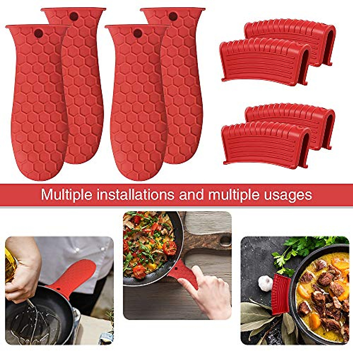 8 Pack Cast Iron Handle Cover, Silicone Hot Handle Holder, Assist Handle Holder, Non-Slip Pot Holder Sleeve, Pot Handle Covers Heat Resistant Potholder Cookware Silicone Cast Iron Handle Cover, Red