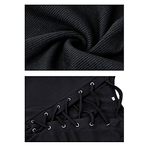 Defal Women's Sexy V-Neck Cold Shoulder Long Sleeve Blouse Shirt Slim Lace-Up Ribbed Stretchy T-Shirt Top (XXL, Black)