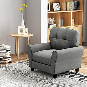 Giantex Modern Mid-Century Accent Chair - Linen Living Room Chair with Tufted Back, 7" Thick Cushion, Max Load 400 lbs, Upholstered Armchair with Non-Slip Foot Pads, Club Chair for Bedroom, Grey