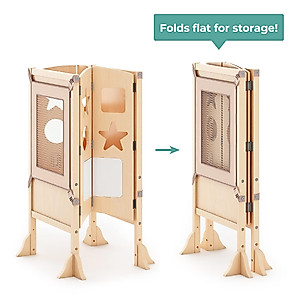 Guidecraft Classic Kitchen Helper® Toddler Tower and 2 Keepers - Natural: Folding Wooden Adjustable Height Platform, Kitchen Montessori Learning Step Stool, Chalkboard, Supports Up to 125lbs