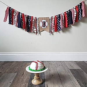 Baseball Banner for 1 St Birthday - First Birthday Decorations for Baseball Rag Tie Fabric Garland, Photo Booth Props Red White Blue, Birthday Souvenir and Gifts for Boy