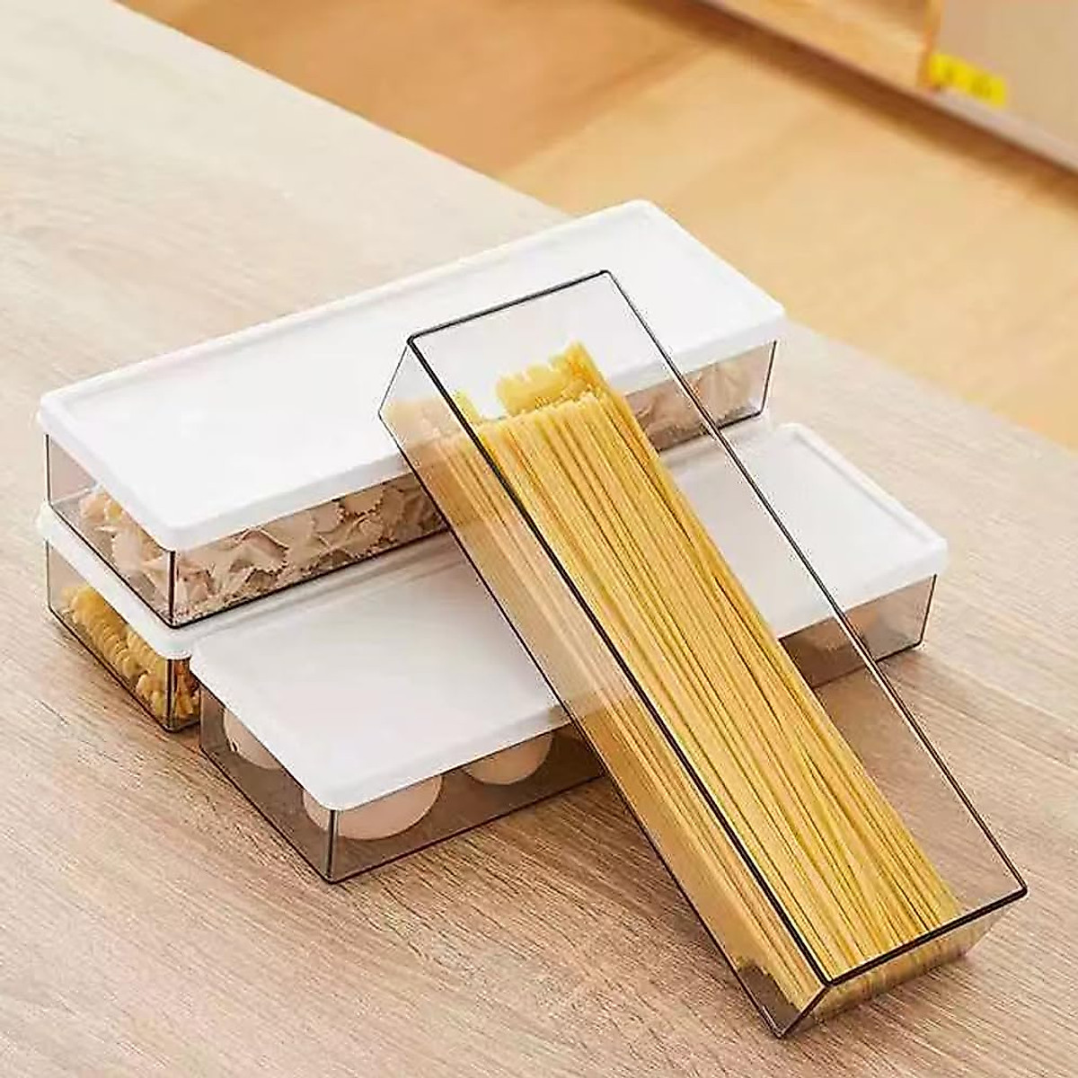 VEKALON Pasta Containers for Pantry - Set of 4 Pack Plastic Spaghetti Nooddle Organizer with 32pcs Labels and 1pcs Marker, Airtight Food Storage Containers with Lids