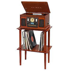 Victrola 8-in-1 Bluetooth Record Player & Multimedia Center, Built-in Stereo Speakers - Turntable, Wireless Music Streaming with Stand, Real Wood | Mahogany
