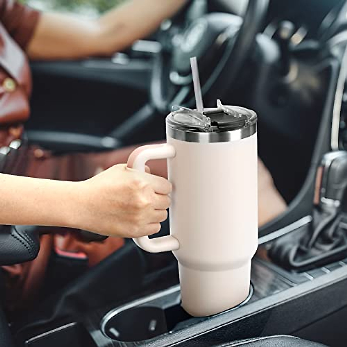 SOOZELEN 40oz Tumbler with Handle & Straw Lid, Insulated Travel Mug, Double Walled Keeps Drinks Cold & Heat for Long Time（Rose Quartz）