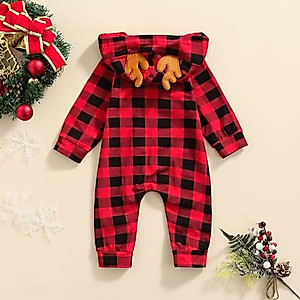 LIOMENGZI Christmas Baby Girl Boy Romper Clothes Red Plaid Checked Hooded Bodysuit Jumpsuit Xmas Toddler Baby Xmas 1st Outfit (Red, 6-12 Months)