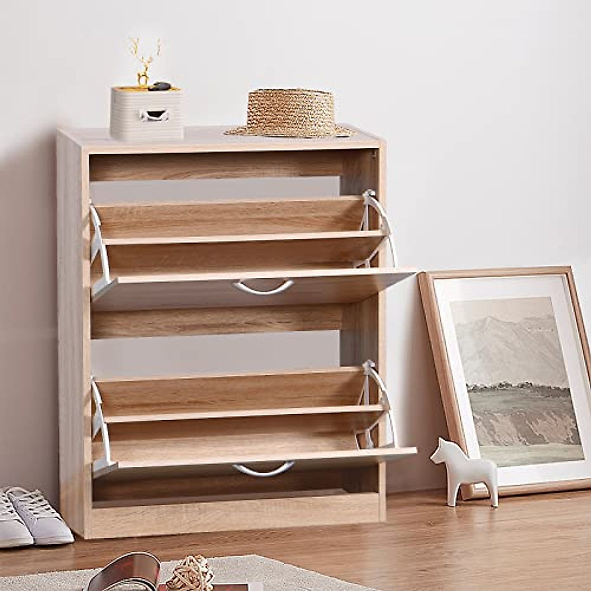 SSLine Shoe Cabinet,Shoe Rack Storage Organizer with 2 Flip Drawers,Entryway Narrow Shoe Storage Cabinet for Narrow Closet, Entryway, Living Room (Natural,2-Tier-2)