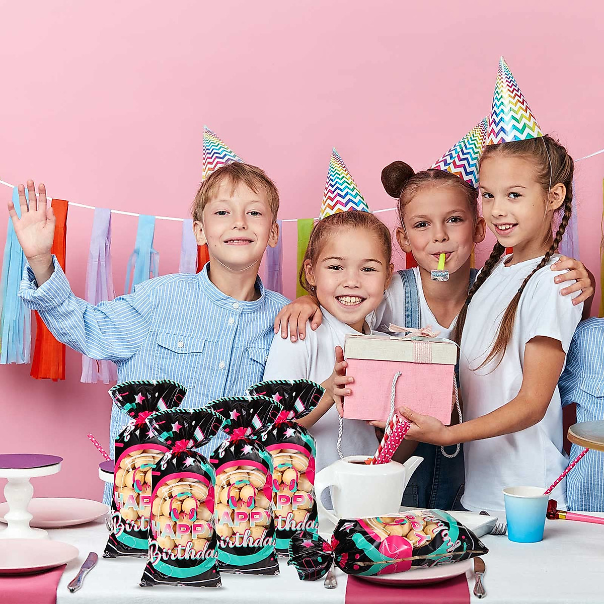 100 Pieces Music Party Cellophane Treat Bags, Black Pink Blue Happy Birthday Party Plastic Candy Bags Goodie Favor Bags with 100 Silver Twist Ties for Teens Social Media Theme Birthday Party Supplies