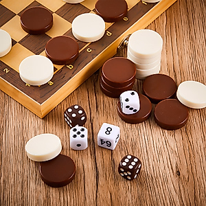 30 Pieces Backgammon Pieces Checkers 1.25 Inch Replacement Checkers Board Game Pieces Playing Game Chips with 5 Dice and Drawstring Storage Pouch for Checkers Game Supplies, Brown and White