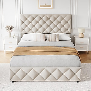 IDEALHOUSE Queen Size Bed Frame with 4 Storage Drawers, Linen Upholstered Platform Bed Frame with Adjustable Headboard, Diamond Stitched Button Tufted, No Box Spring Needed, Off White