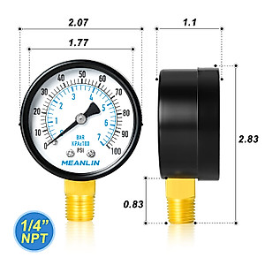 MEANLIN MEASURE 0-100Psi 2" DIAL FACE 1/4" NPT Well Pump Pressure Gauge, with 1/4" x 1/2" NPT and 1/4" x 3/8" NPT Hex Bushing, 3-2-3% Accuracy,Lower Mount