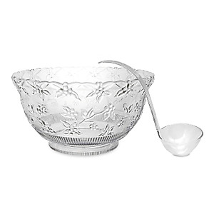 Party Essentials N120621L Hard Plastic Embossed Floral Serving Bowl for Punch/Salad/Snack/Treat, Clear, 12-Quart with ladle