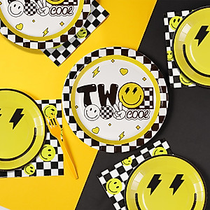 96 Pcs Two Cool Dude Birthday Party Decorations 350 GSM 2nd Birthday Party Supplies Tableware Set for Two Year Old Happy Dude Yellow Black Lightening Checkered Party Baby Shower Decor Serves 24 Guests