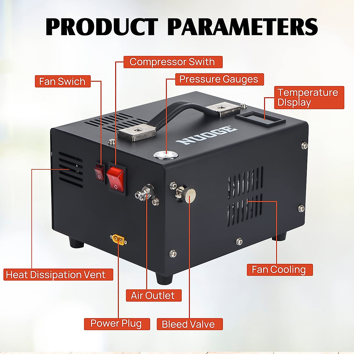 NUOGE Pcp Air Compressor 4500Psi 30Mpa Powered by Car 12V Dc or Home 110V Ac W/Converter Paintball/Scuba Tank Compressor Pump