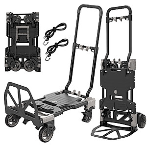2 in 1 Folding Hand Truck Dolly, 330LB Heavy Duty Carrying with 4 Wheels Foldable, Portable Dolly with Retractable Handle, Include 2 Bungee Cords, for Moving, Luggage, Office