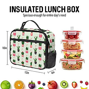 Insulated Lunch Bag for Kids, Leakproof Reusable Boys Girls Lunch Box Container with Detachable Buckled Handle, Durable Nylon Cooler Lunch Tote with Side Pocket for Work School Adult (Green Cactus)