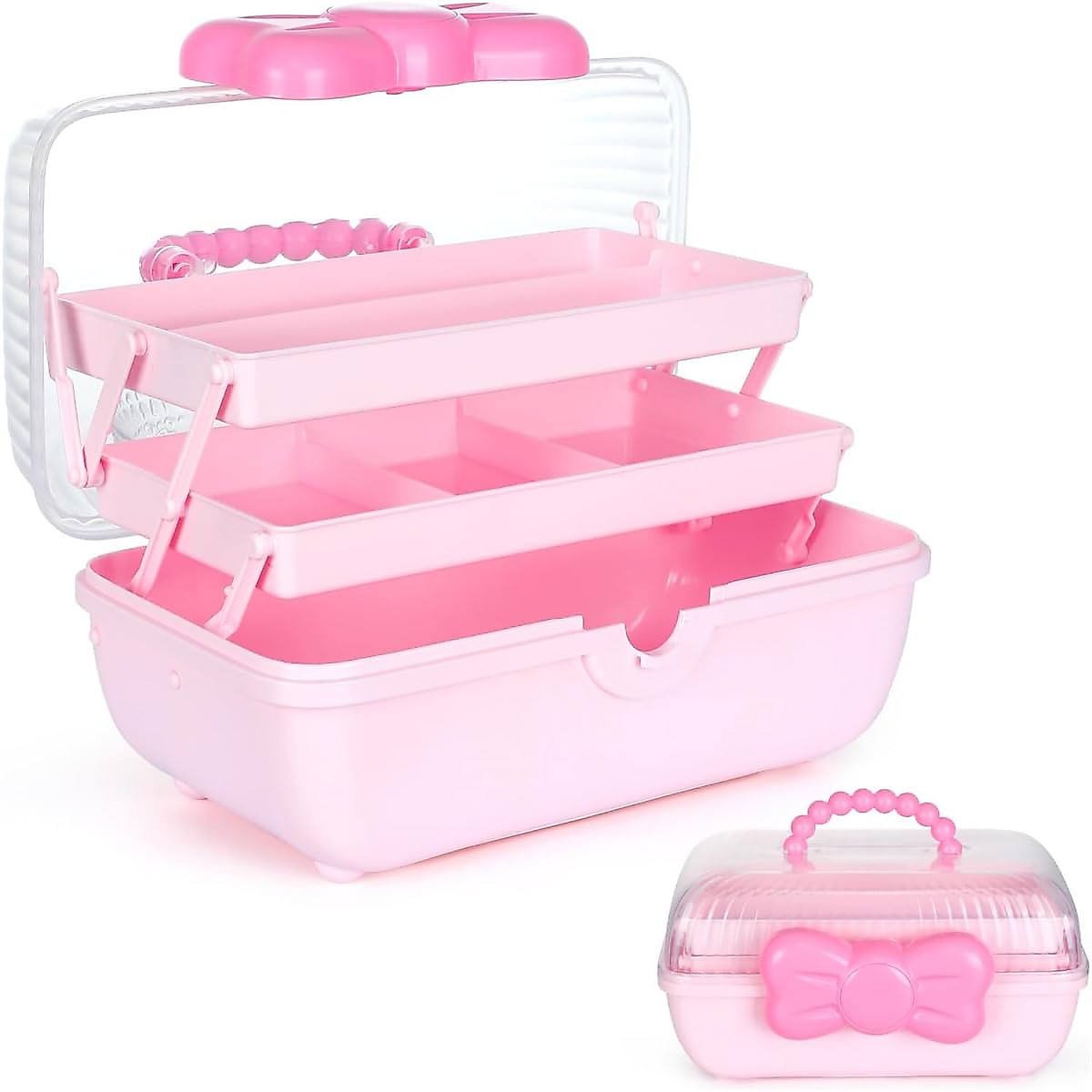 BUDUBIBI 3-Layer Storage Box Art Craft Organizer Storage Box, Hair Accessories Organizer for Girls Hair Clips, Headbands, Plastic Portable Jewelry Box, Folding Multipurpose Storage Box (Pink)