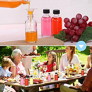 72, 2oz Small Clear Glass Bottles with Lids Boston Round Sample Bottles for Essential Oil Vanilla Hot Sauce Juice Whiskey Bourbon Liquid come with 5 Funnels,5 Droppers,72 Labels,1Brush&Chalk Marker