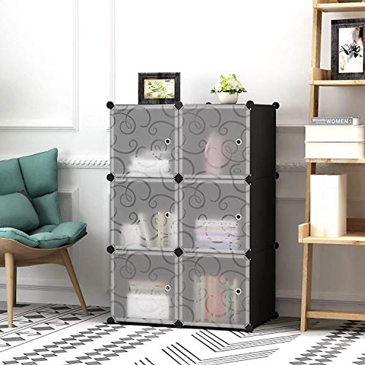 C&AHOME Cube Storage Organizer with Doors, 6-Cube Shelves, Closet Cabinet, DIY Plastic Modular Bookshelf Ideal for Bedroom, Living Room, 36.6”L x 12.4”W x 36.6”H Black SHS3006B-DOOR