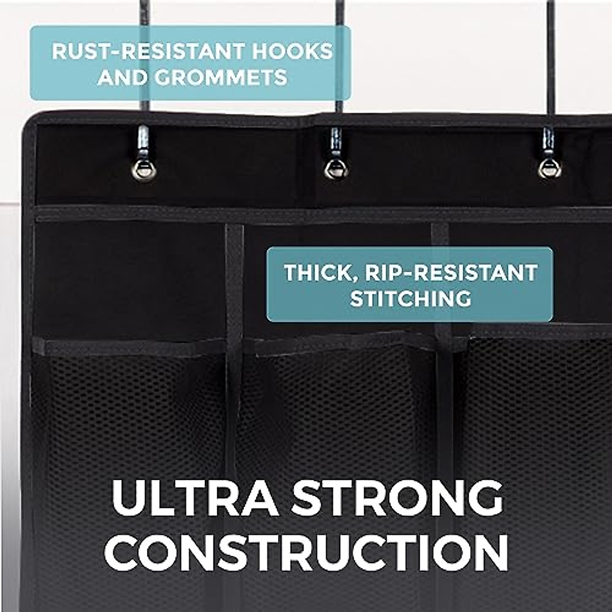 HOME GENIE 24 Pocket Strong Space Saving Over Door Shoe Organizer, Holds Up to 40 Pounds, Stay In Place Hooks Large Breathable Mesh Pocket Hanging Behind Closet Caddy Holder, Cabinet Rack, Black