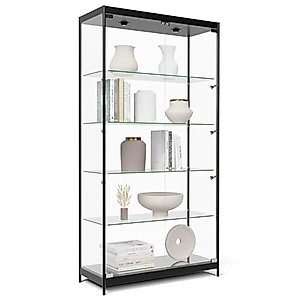 Displays2go Black LED Trophy Showcase, Locking, LED Lighting, Tempered Glass, Laminated MDF & Aluminum – Black (LESC10478B)