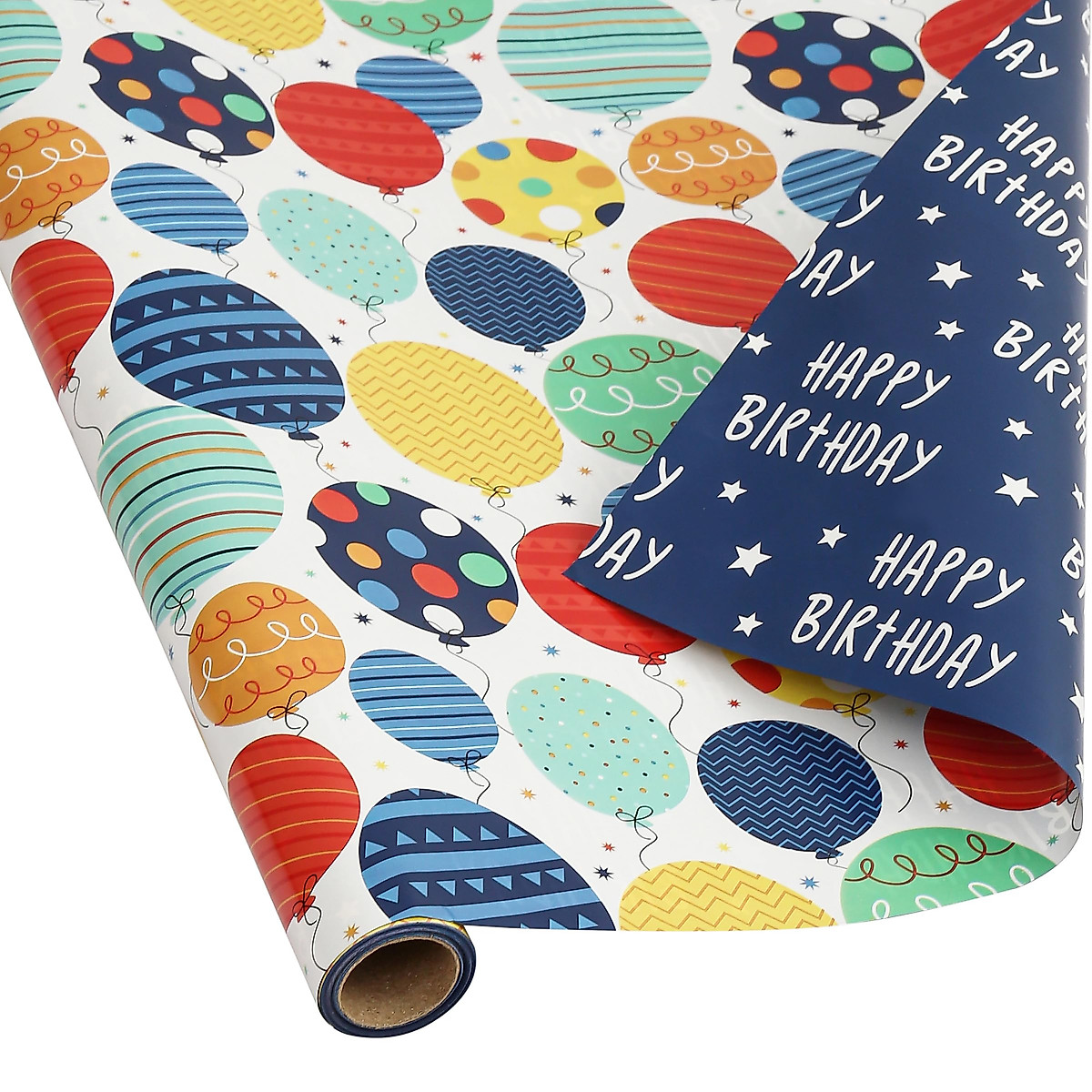 BULKYTREE Reversible Birthday Wrapping Paper Roll for Boys Girls Kids Men Women - Colorful Balloon Happy Birthday and Stars - Gift Wrap Paper for Birthday Party Holiday