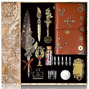 NC Quill Pen Ink Set, Includes Quill Pen, Notebook, 5 Replaceable Nibs, Ink, Pen Holder, Cup, Seal Stamp, Spoon, Wax Bead, White Wax, Envelope & Letter Paper Etc. Beautiful Gift Calligraphy Set.(Grey)