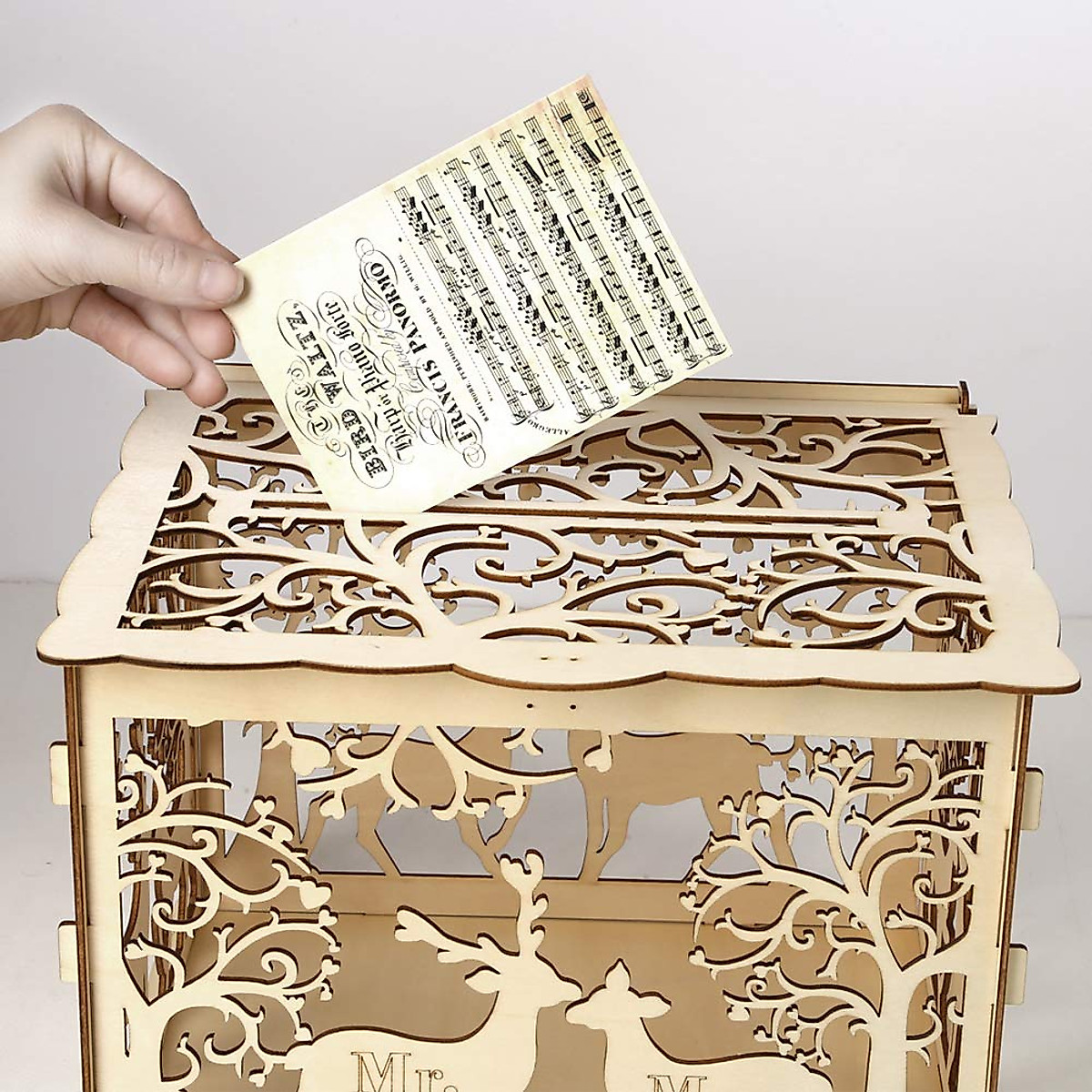 Amosfun Wooden Vinatge Wedding Card Box DIY Rustic Hollow Wedding Box with Lock Key and Rubber Card Box for Party Wedding Decorations for Reception(1 Key 12 Rubber Rings, Large Size)