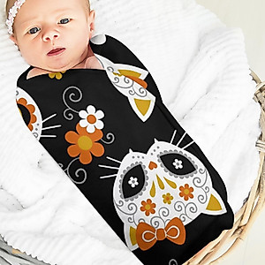 LAKIMCT Cute Sugar Skull Cat Round Soft Baby Blankets for Boys Girls, Newborn Blanket for Suitable for Swaddling Sleep Stroller Cover Nursery Blanket, 35 Inch