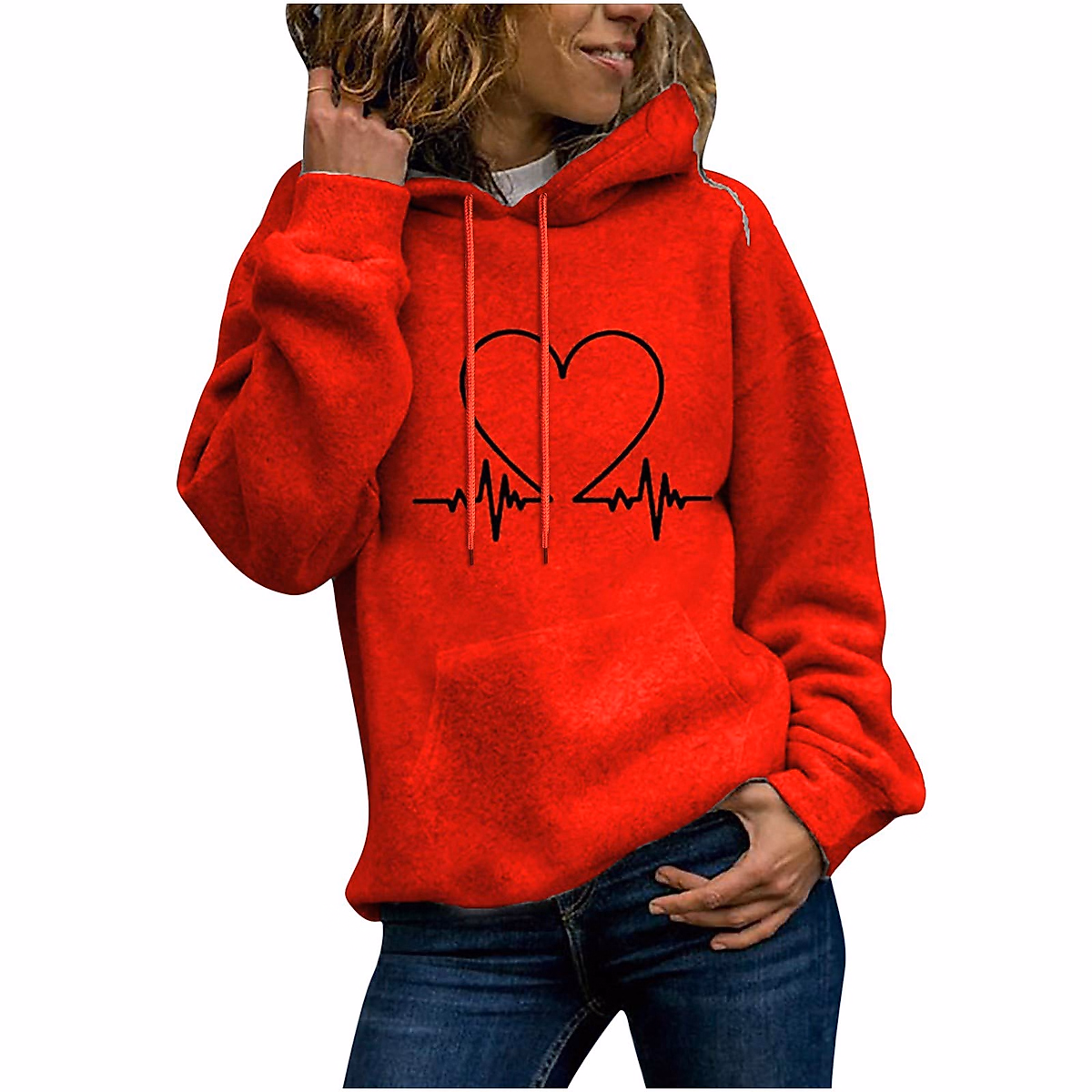 deals of the day cropped sweatshirt Women's Loose Fit Long Sleeve Hooded Sweatshirts Fashion Heart Graphic Design Pullover Lightweight Sweatshirts Red L