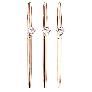 Sun Kea 3Pcs Big Diamond Pen Crystal Metal Ballpoint Pens 1.0mm Black Ink Advertising Gif Pen (6551-plated rose gold)