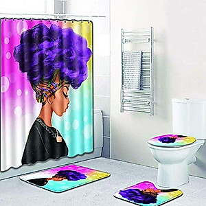 EVERMARKET Creative Colorful Printing Toilet Pad Cover Bath Mat Shower Curtain Set for Bathroom Decor,4 Pcs Set - 1 Shower Curtain & 3 Toilet Mat and Lid Cover (African Woman Purple Hair)