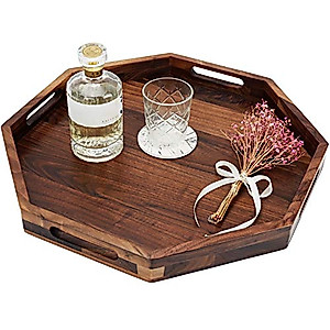 MAGIGO 20 Inches Extra Large Octagonal Black Walnut Wood Ottoman Tray with Handles, Serve Tea, Coffee Classic Wooden Decorative Serving Tray