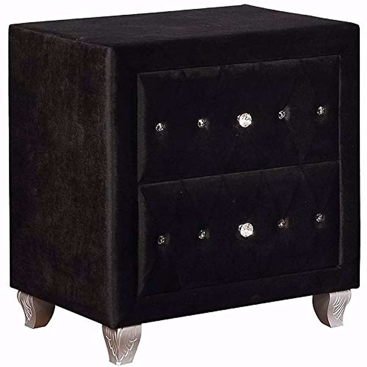 Coaster Furniture Deanna Modern Glam 2 Drawer Upholstered Nightstand Bedroom Bedside Table Storage Drawers Crystal Button Tufted Black Velvet Fabric Chrome 206102