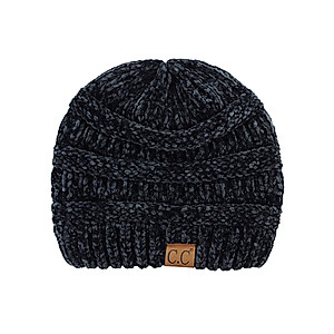 C.C Women's Chenille Soft Warm Thick Knit Beanie Cap Hat-Black