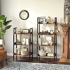 Rolanstar Bookshelf, 4 Tier Ladder Bookshelf with 3 Hooks, Industrial Bookcases, Freestanding Display Plant Shelves with Metal Frame for Living Room, Rustic Brown