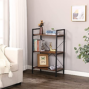 BEWISHOME 3 Tier Bookshelf Organizer, Rustic Brown Small Bookshelf for Small Spaces, Industrial Wooden Storage Bookcase with Metal Frame for Bedroom Living Room and Home Office JCJ32Z