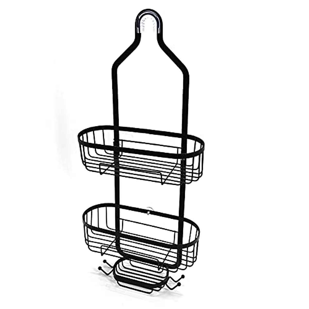 kinla Rustproof Shower Caddy 2 Tier Bathroom Organizer with Hooks and Shelves - Overhead Hanging Storage Rack for Shampoo, Soap, Razor, and Washcloth (Black)
