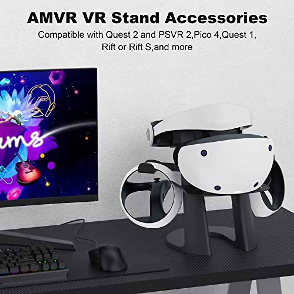 AMVR VR Stand for Quest 2, VR Headset and Touch Controllers Display Holder for Quest 2, PSVR 2, Quest, Rift, Rift S or Valve Index (Black, Just VR Stand)