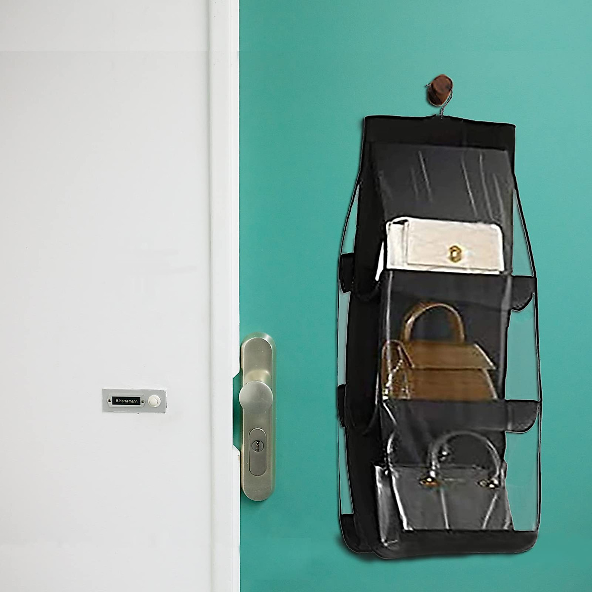 FAJYAZ Purse Organizer for Closet, Handbag Organizer with 6 Large Transparent Pockets, Washable Purse Organizer Storage(Black)