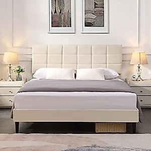 MWrouqfur Full Size Platform Bed Frame with Fabric Upholstered Headboard and Wooden Slats, No Box Spring Needed/Easy Assembly, Beige