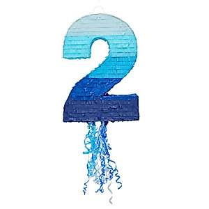 BLUE PANDA Number 2 Pinata - Pull String Pinata for Boys 2nd Birthday Party Decorations, Ombre Blue (16.5 x 11.5 x 3 In)