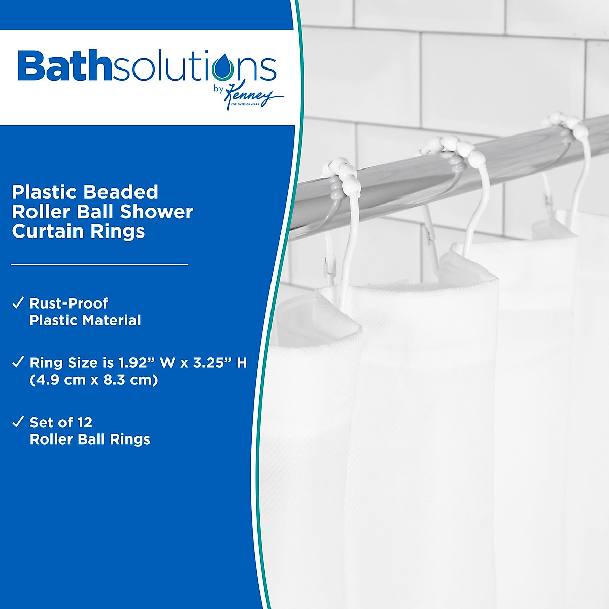 Kenney KN67140 Rust-Proof Gliding Plastic Beaded Shower Curtain Rings for Shower Curtain and Standard Shower Curtain Rod, Bathroom Use, Easy to Install, Set of 12, White