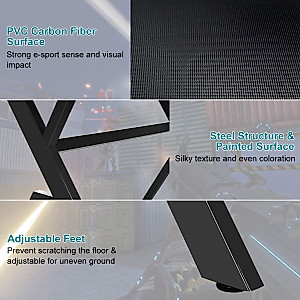Tangkula Computer Desk Gaming Desk, Ergonomic E-Sports Desk with Cup & Headphone Holder and Mouse Pad, Gamer Workstation with Carbon Fiber Surface and X-Shape Steel Frame, Home Office Desk (Black)