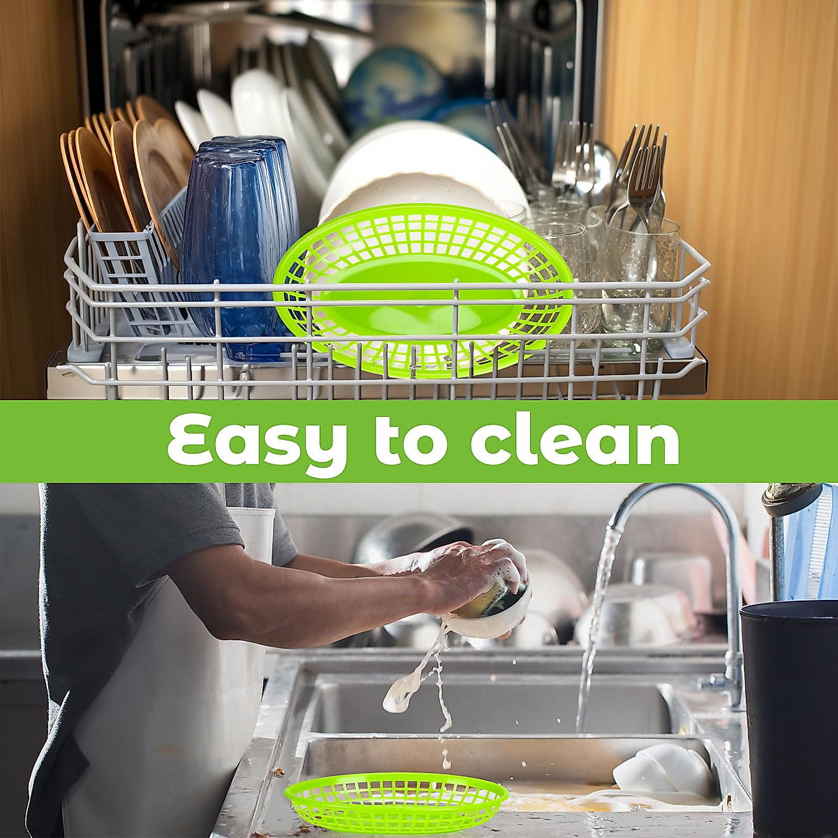 GothaBach 24 Pack Fast Food Baskets, Plastic Fast Food Restaurant Baskets, Bread Fry Baskets Serving Tray for Hot Dogs, Chicken, Burgers, Sandwiches, Fries(Green)